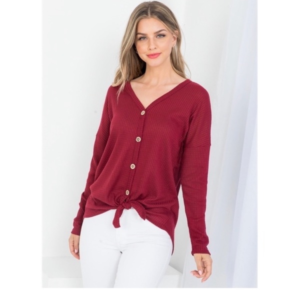 BiBi | Tops | Womens Vneck Tie Front Waffle Knit Top Colorburgundy Deep ...